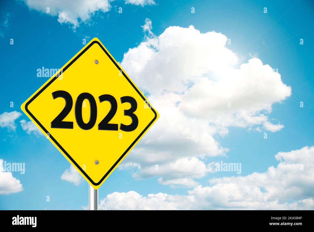 Three-dimensional rendering of road sign 2023 on the blue sky represents the new year 2023, 3D ...