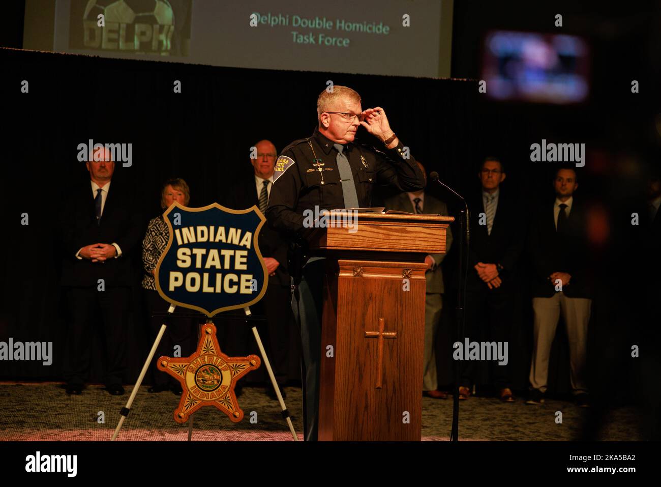 Indiana State Police Superintendent Doug Carter speaks during a press ...