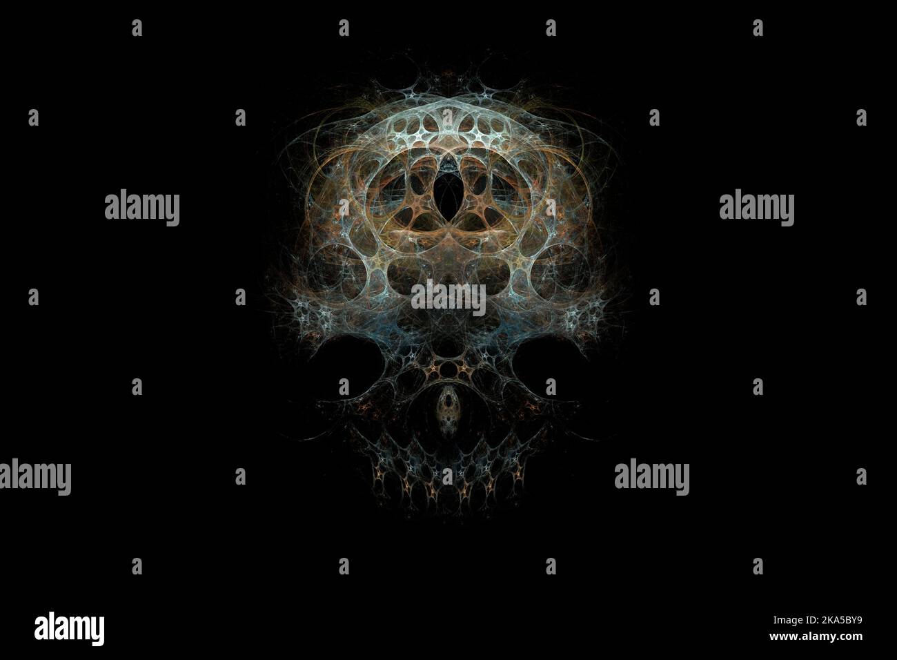 A magical fractal skull with glowing clouds of energy. On a black ...