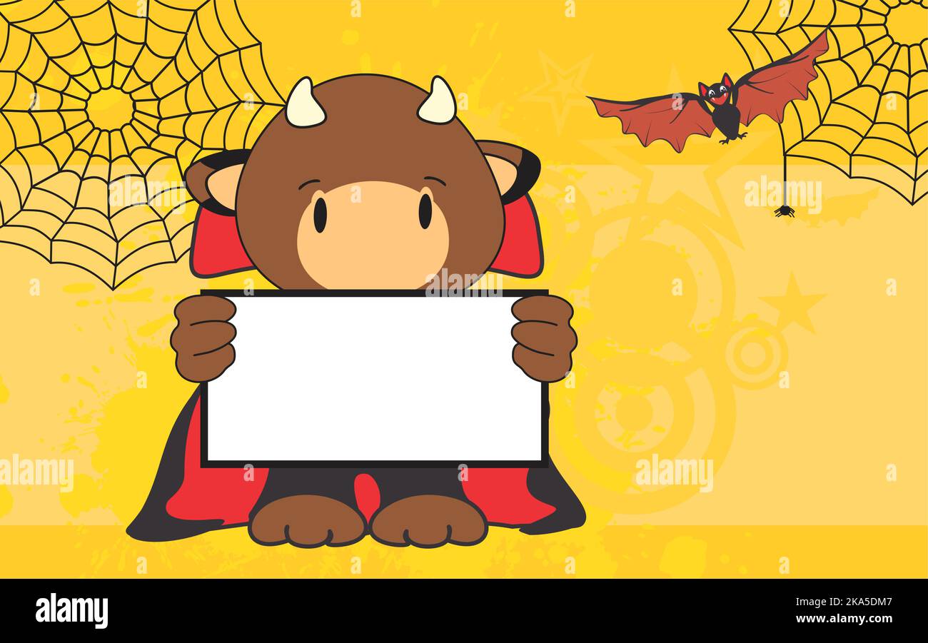 bull kid cartoon with dracula costume holding empty billboard copy ...