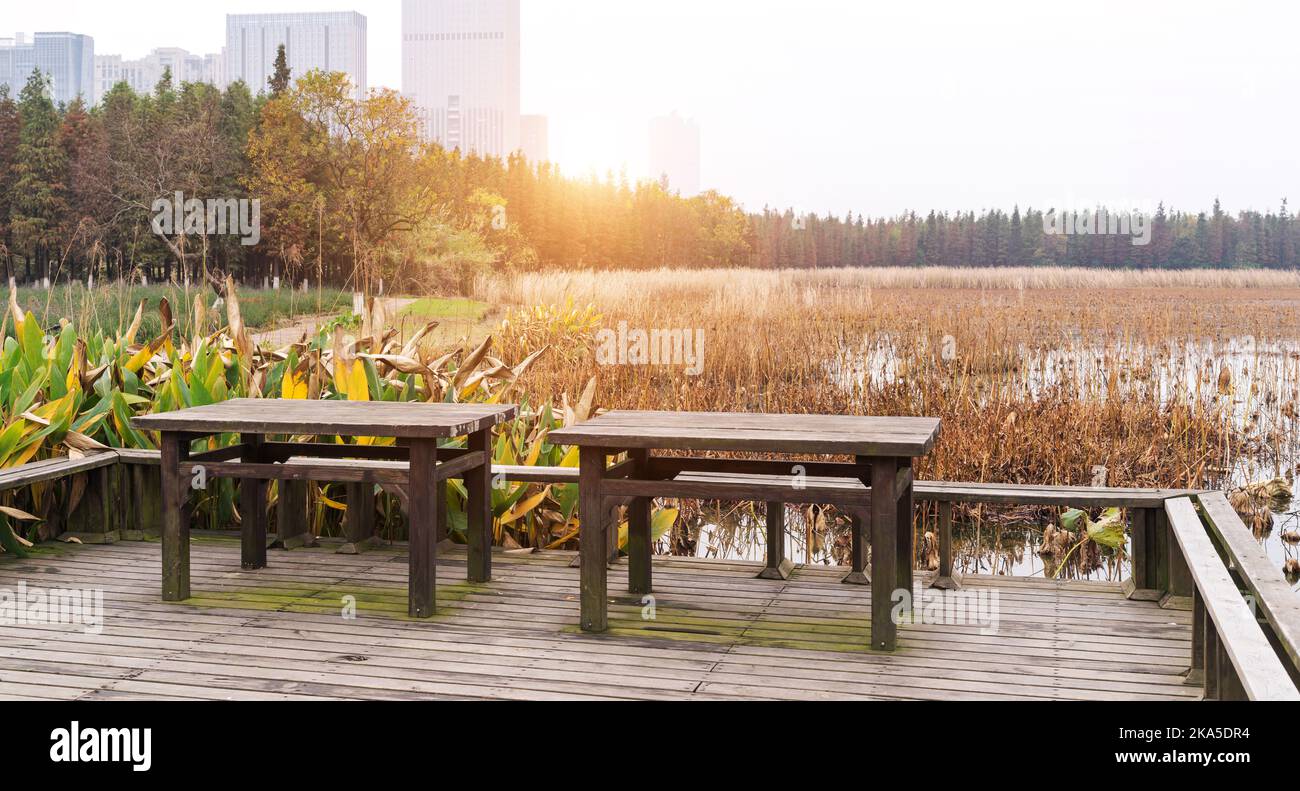 Picnic table in a picturesque nature waterfront setting Stock Photo - Alamy