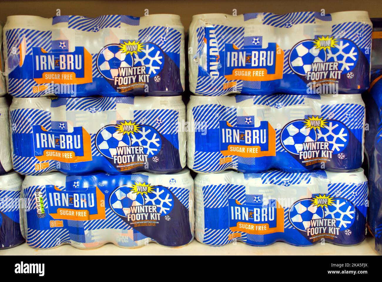 cans irn bru iron brew supermarket stacked Stock Photo - Alamy