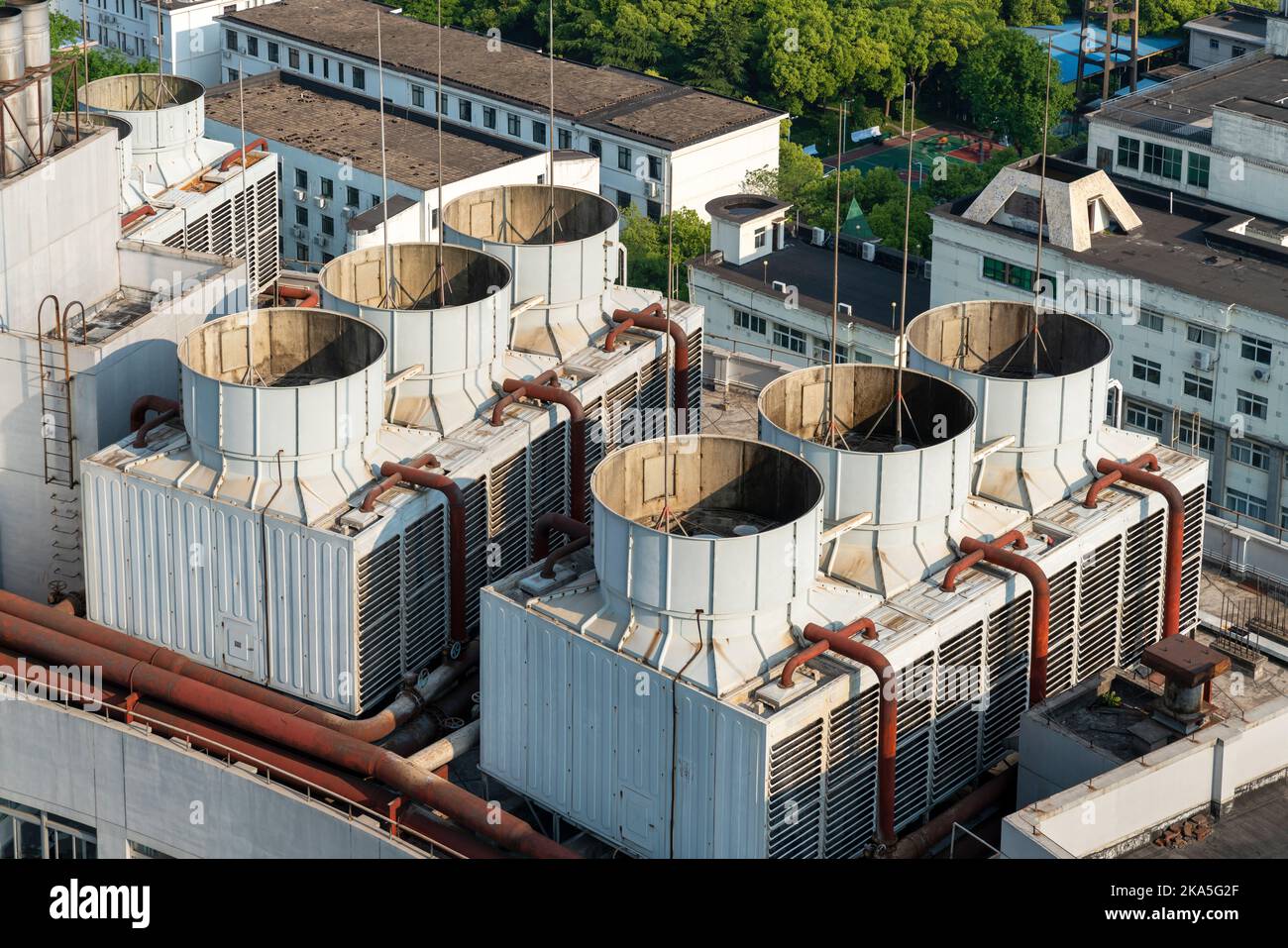 Exhaust systems are installed on the roof of the plant Stock Photo - Alamy