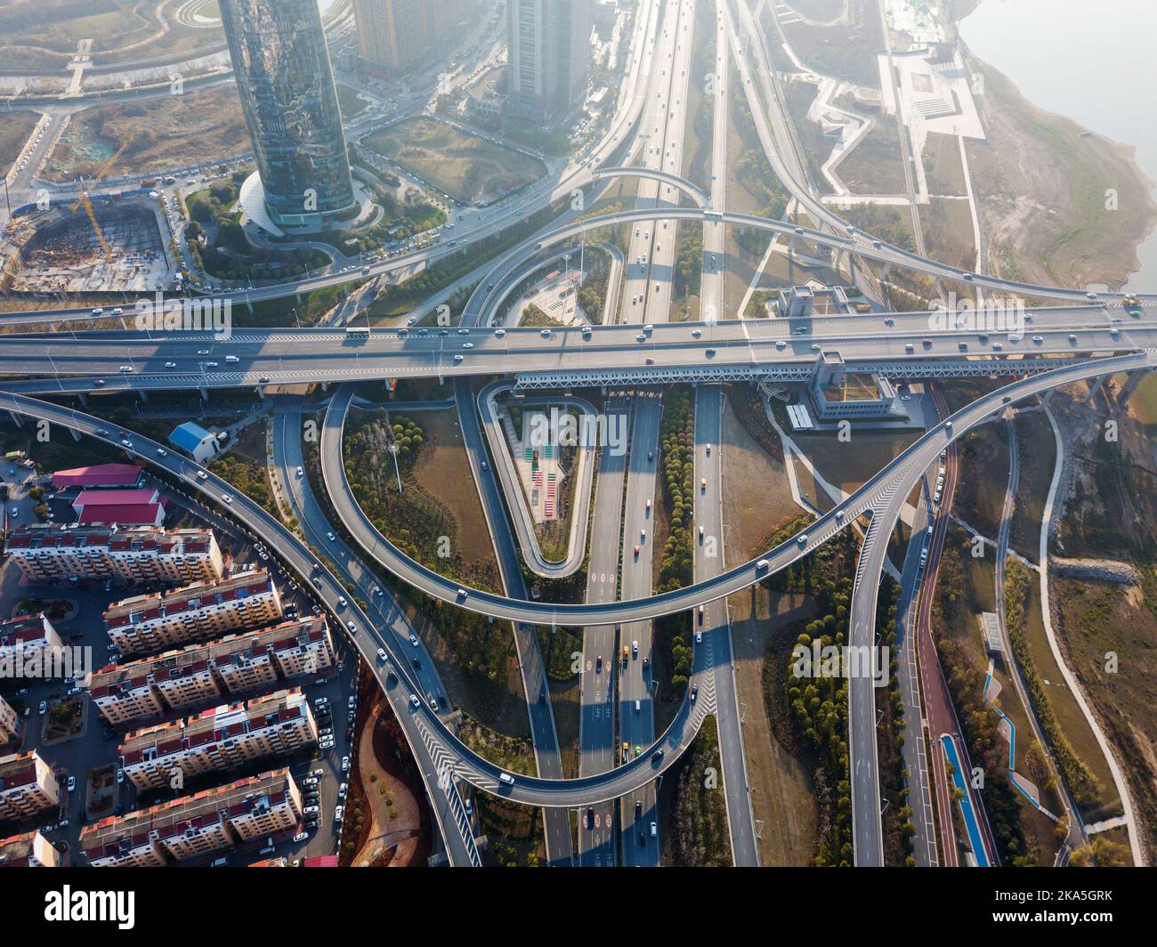 Transport junction traffic road with vehicle movement aerial view by ...