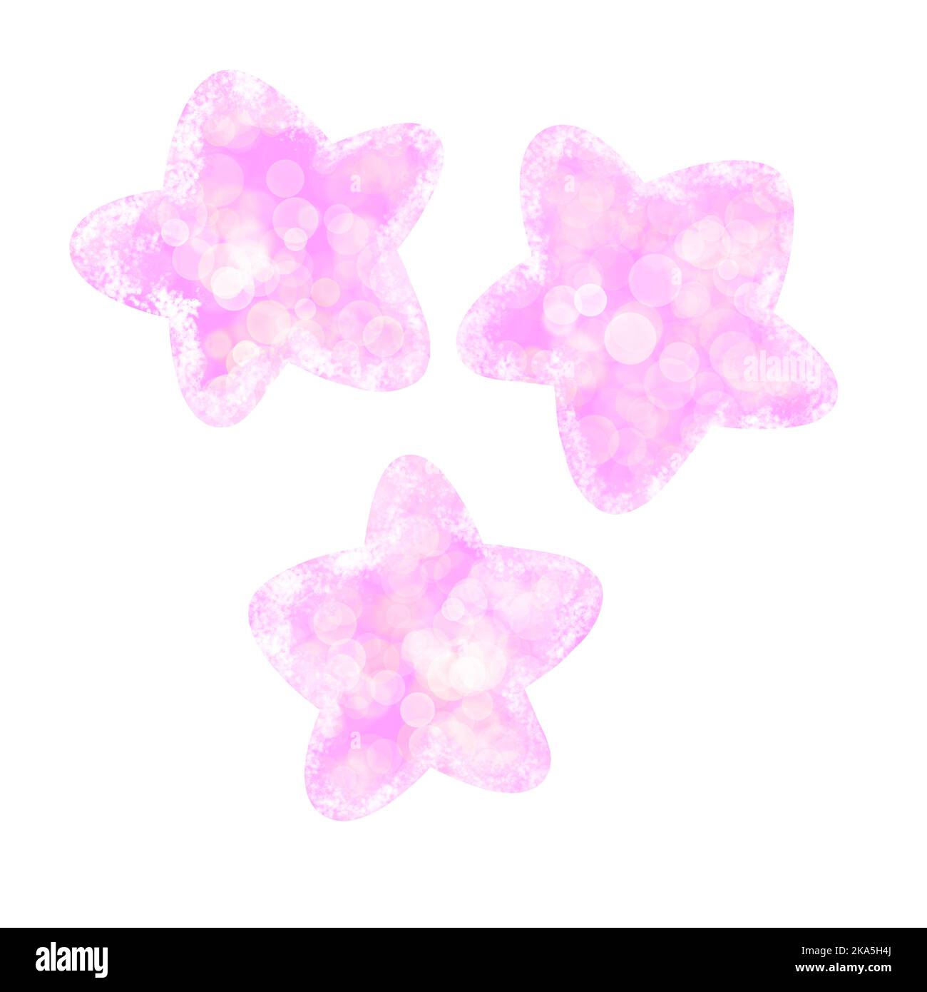 Hand drawn illustration of three pink cute glitter stars. Cute girl ...