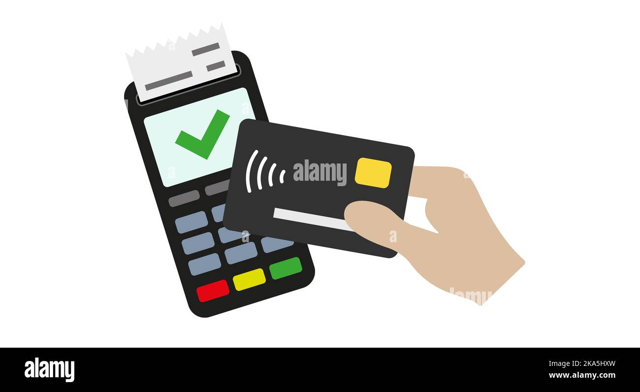 Contactless payment, hand holding bank card close to the point of sale ...