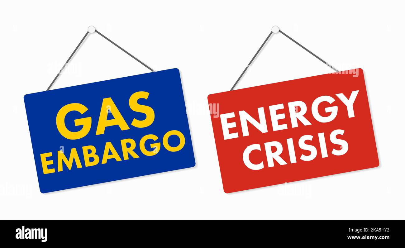 Gas embargo and enegry crisis hanging signs. Flat illustration isolated ...