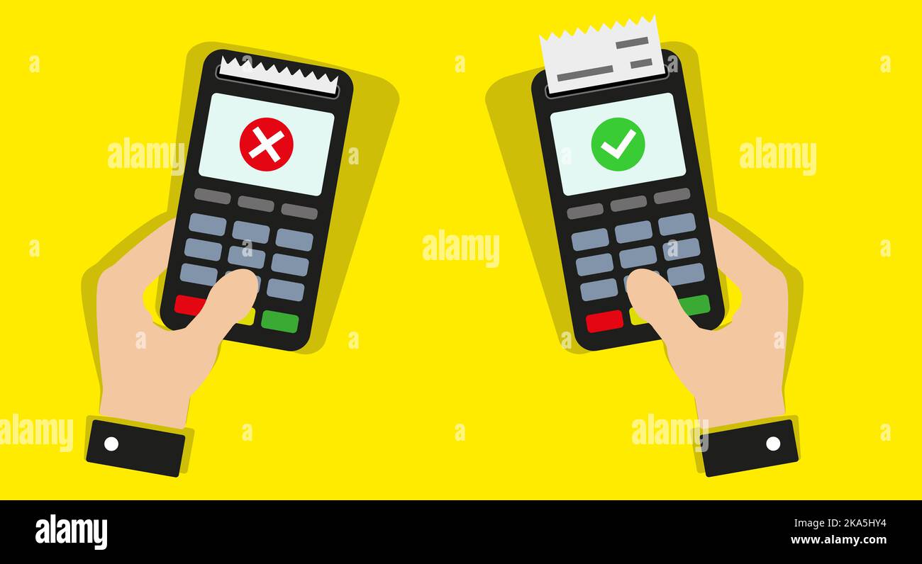 Contactless payment, hand holding POS terminal, payment approved and ...