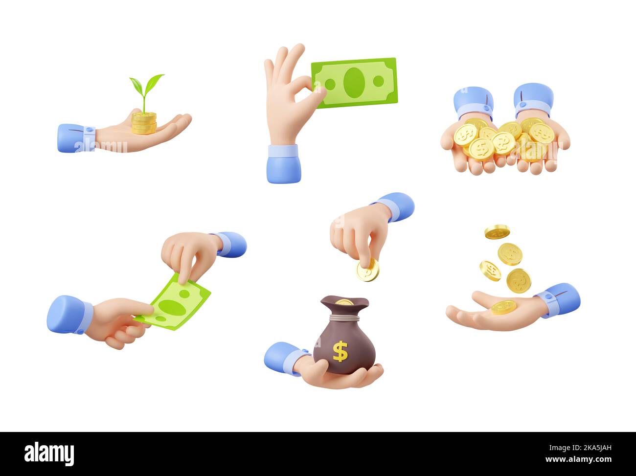 Set of hands holding cash money, bag with dollar sign, exchange ...