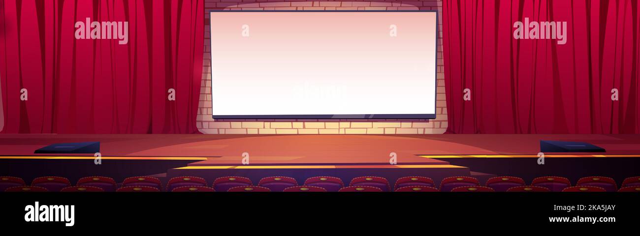 Movie theater, cinema hall with white screen and rows of red seats ...