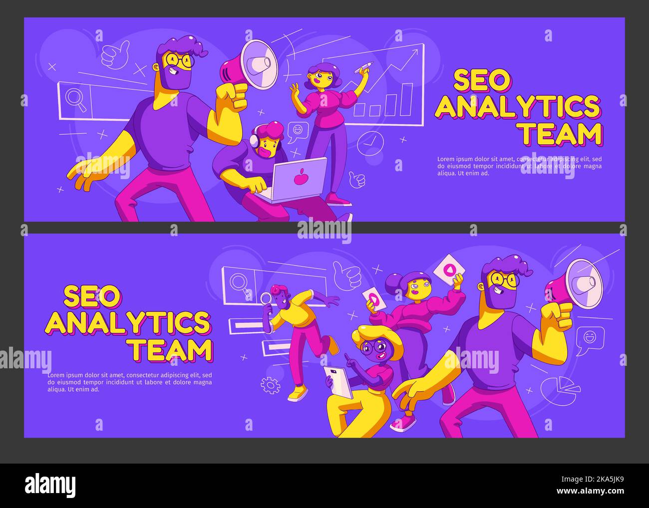 Seo analytics team cartoon banners with contemporary characters with ...