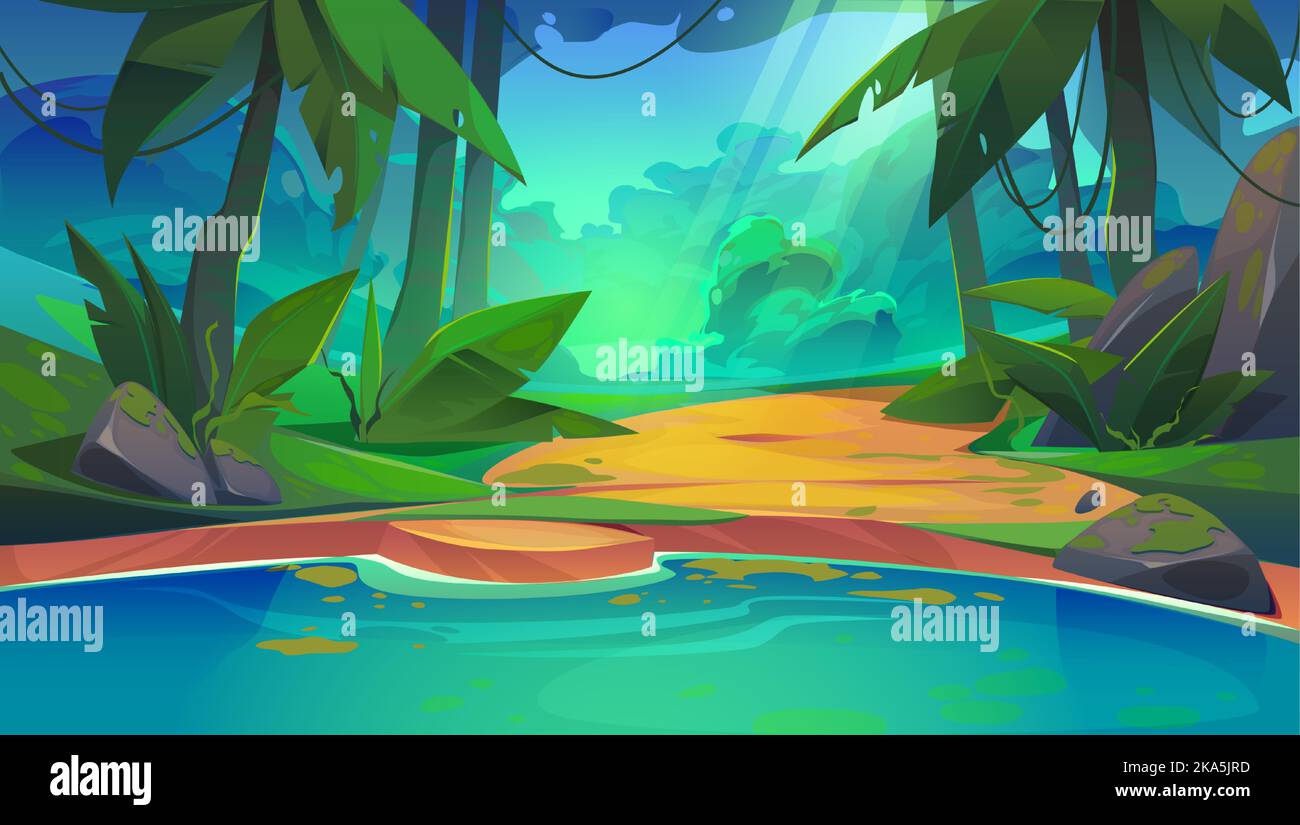 Tropical jungle forest swamp or lake cartoon natural landscape. Game ...