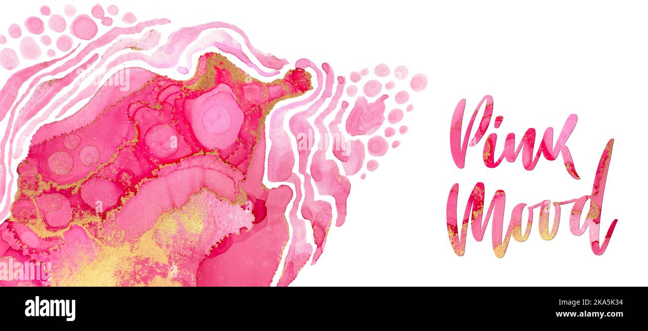 Pink Watercolor Flow with Waves and Drops and Golden Glitter Design ...