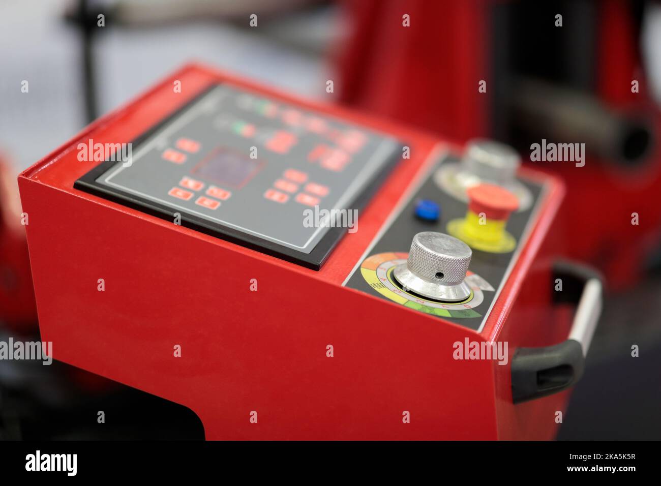 Control console of metal cutting band saw machine. Selective focus ...