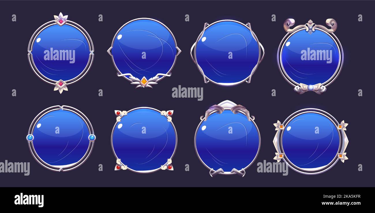 Blue game buttons, achievement badges with silver frames. Vector ...