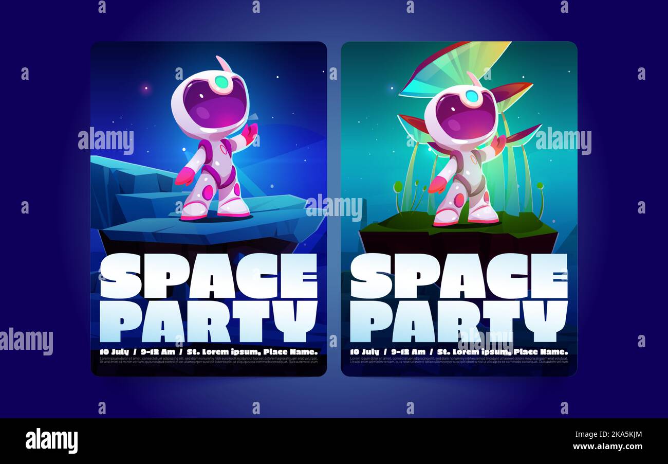Space party posters with cute little spaceman on alien planet with ...