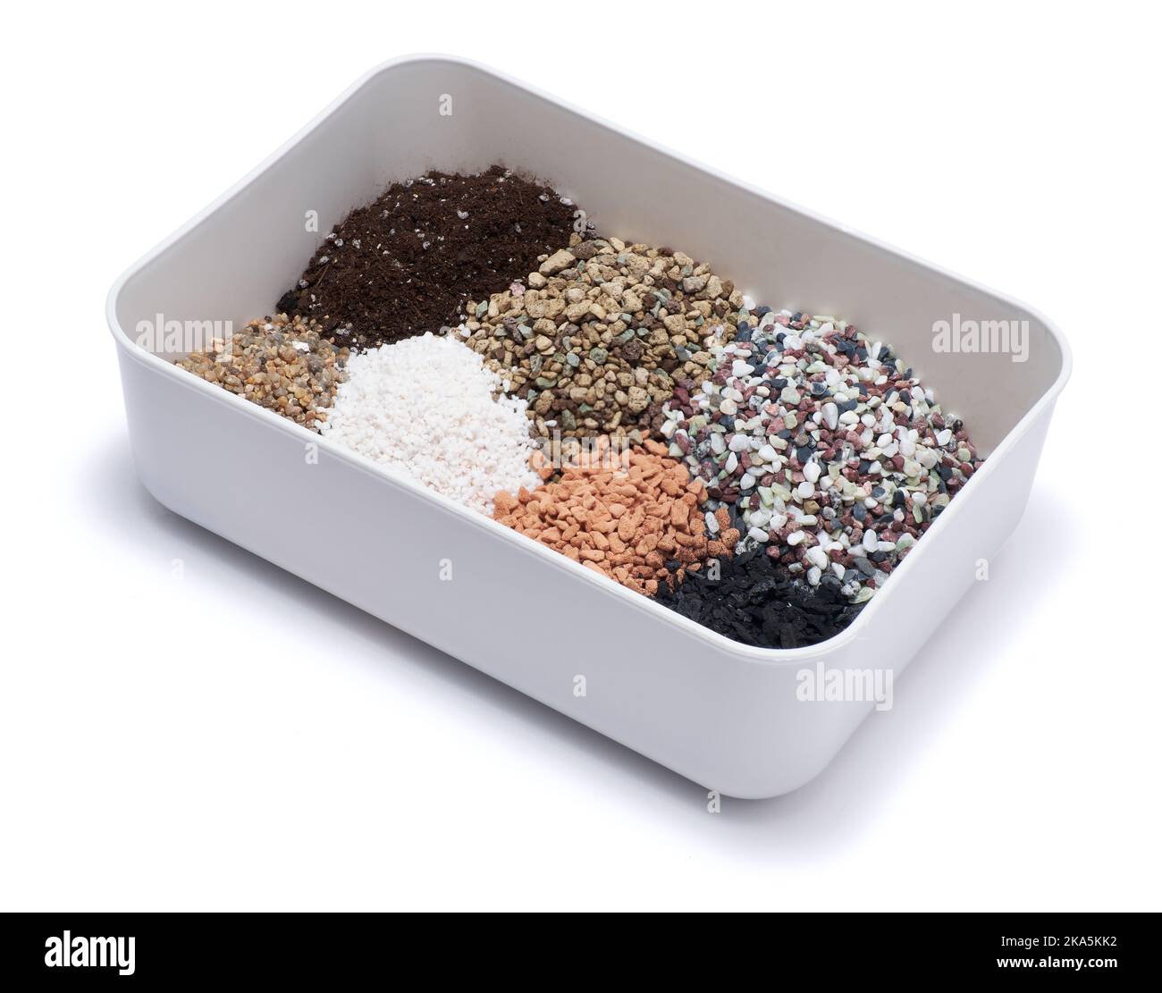 plastic box with substrate soil for transplanting houseplants isolated ...