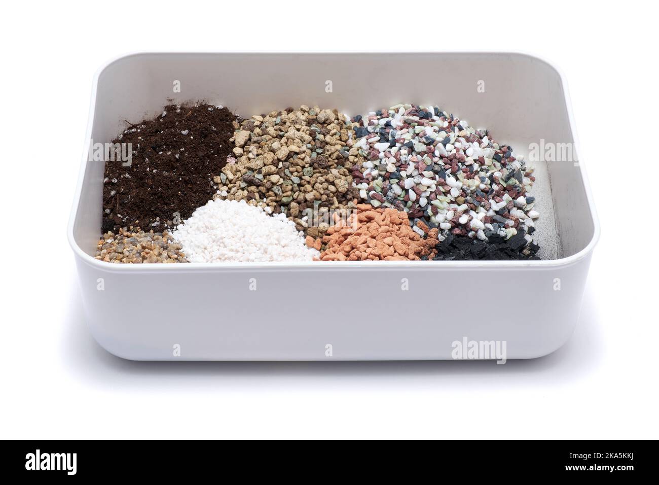 plastic box with substrate soil for transplanting houseplants isolated ...