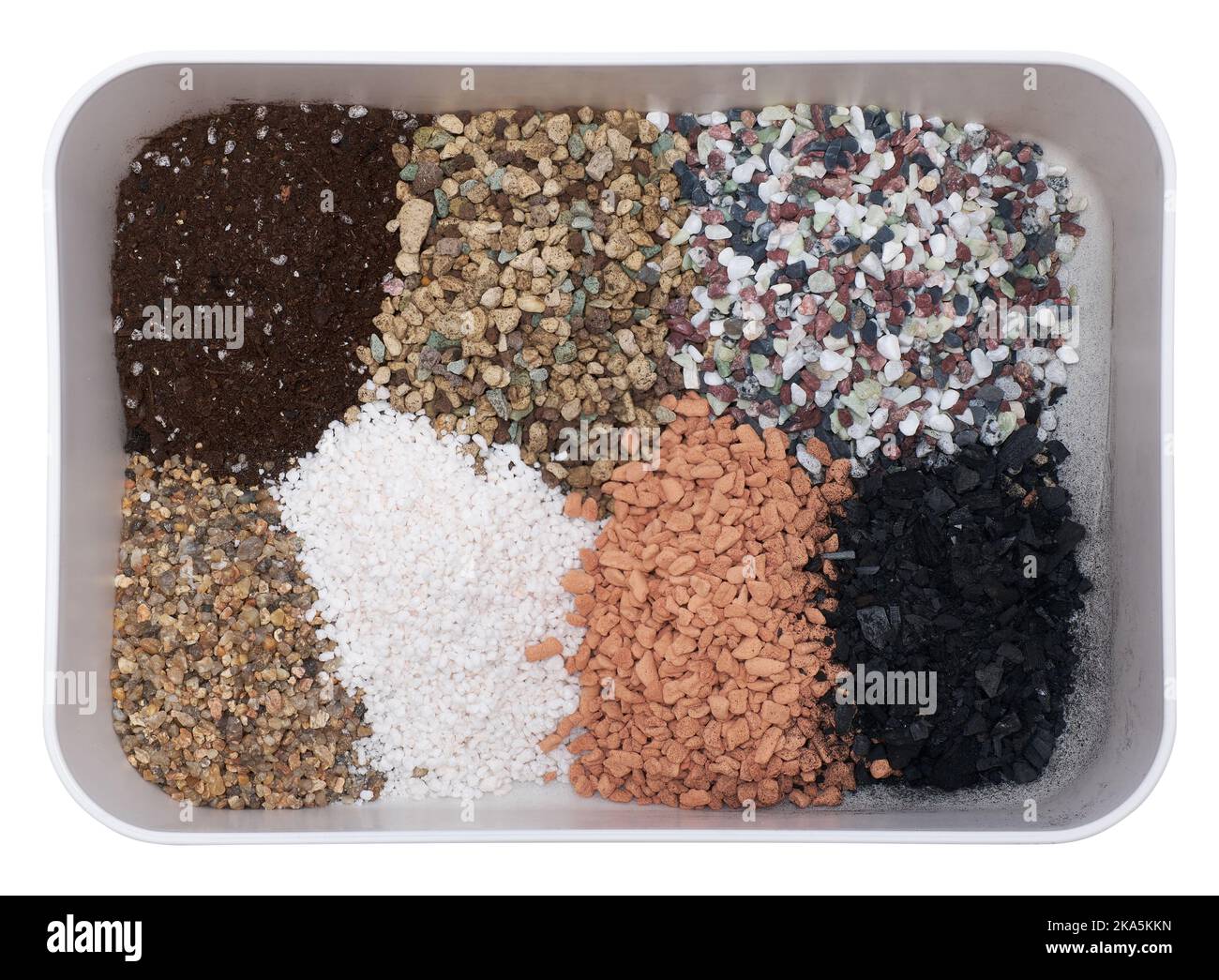 plastic box with substrate soil for transplanting houseplants isolated ...