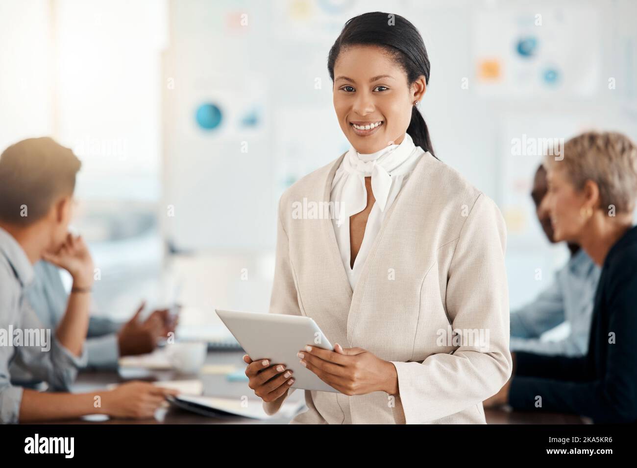 Business woman, tablet and leadership in management for meeting ...