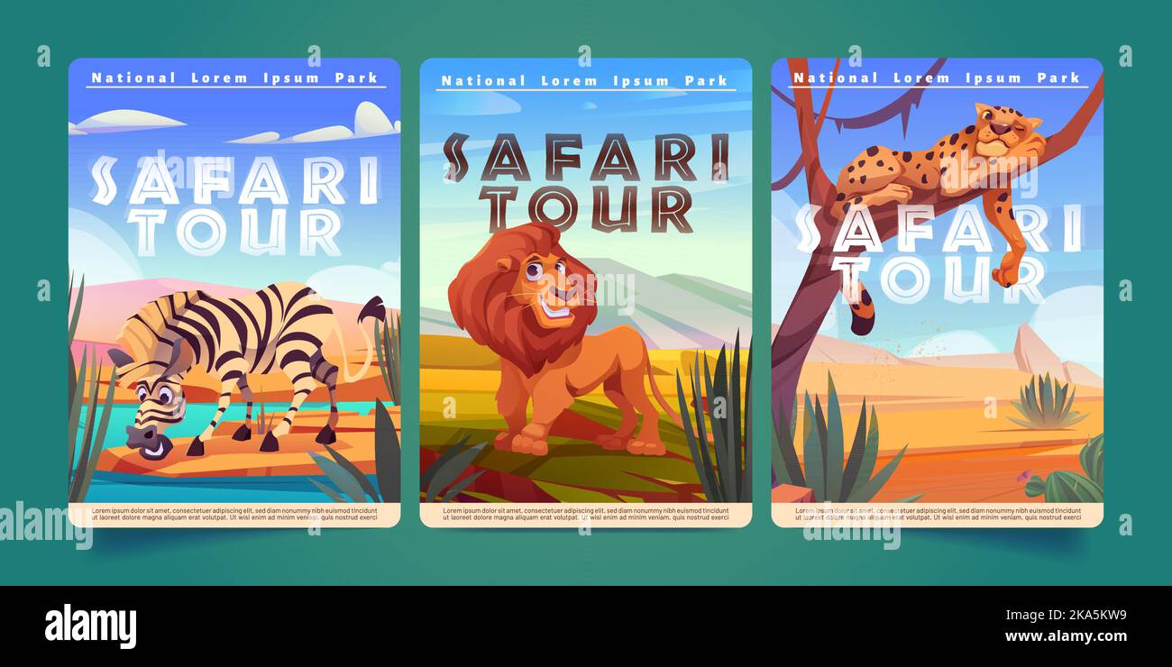 Safari tour posters with zebra, lion and cheetah in savannah. Natural ...