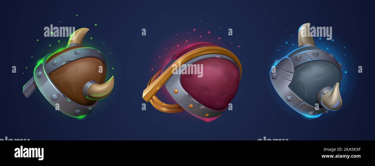 Viking helmets game props icons, medieval war hats with horns ...