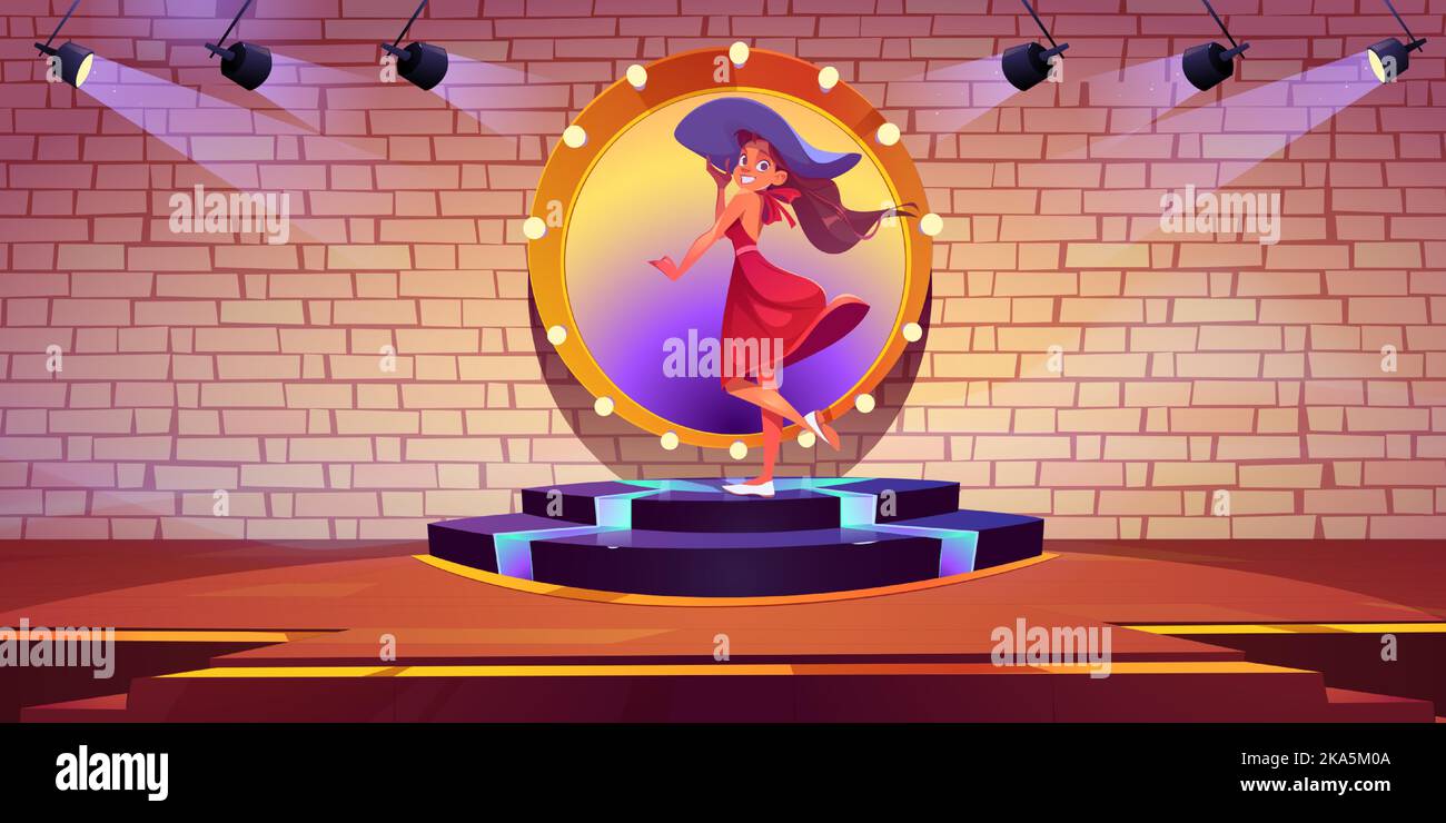 Girl fashion model standing on round podium. Stage for talent show ...