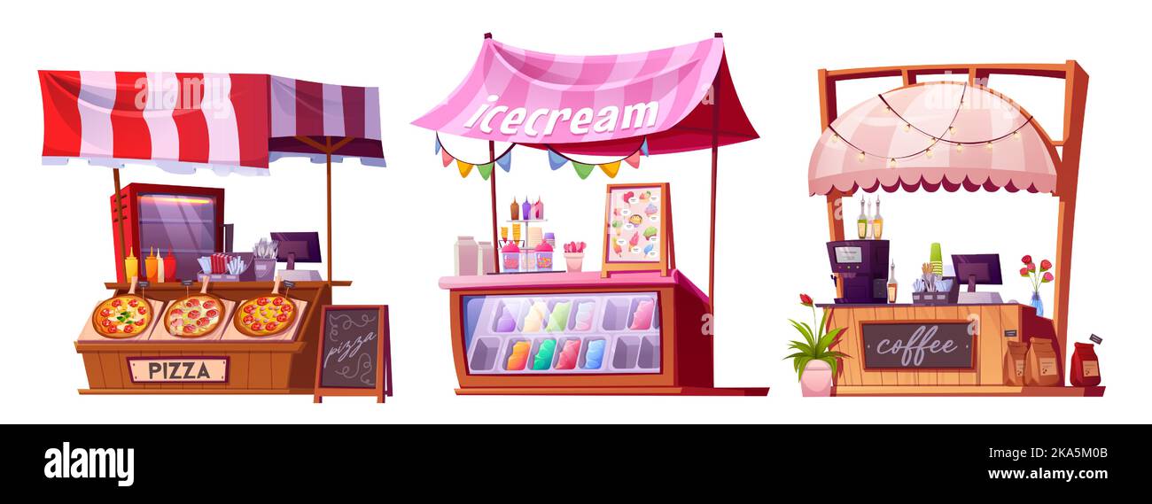 Street food, market stalls, fair booths, wooden kiosk with striped ...