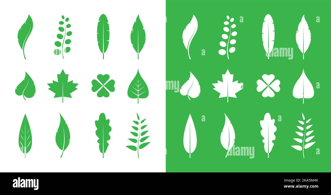Vector leaves icon set on white background and on green background ...