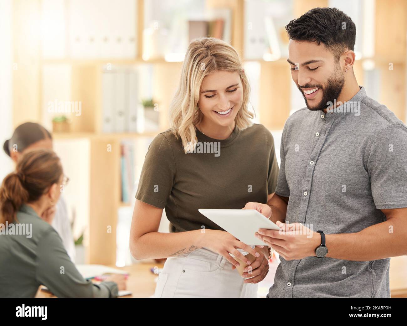 Digital tablet, happy and business people team collaboration in office ...