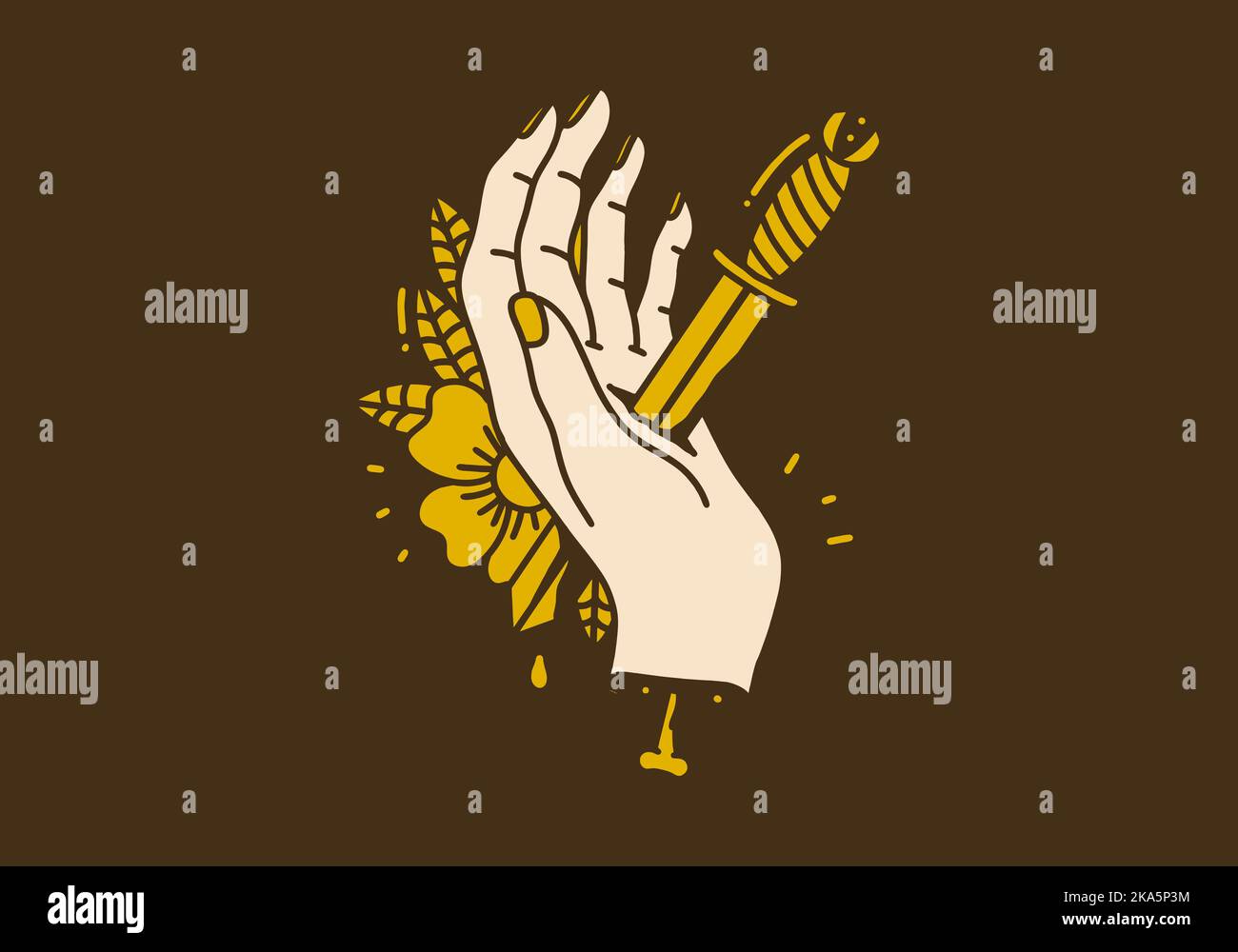 Vintage art illustration design of a dagger stabbing hand Stock Vector ...
