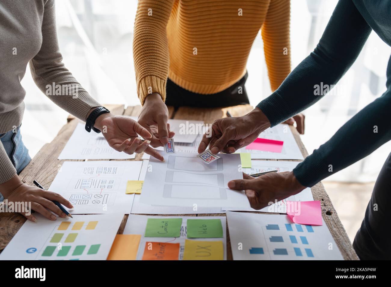 Group of ux developer and ui designer brainstorming about app interface ...