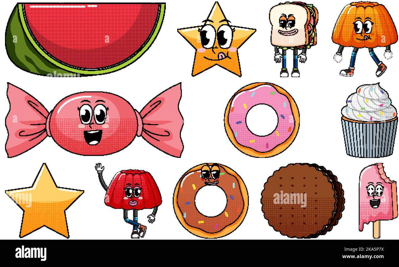 Set of objects and foods cartoon characters illustration Stock Vector ...