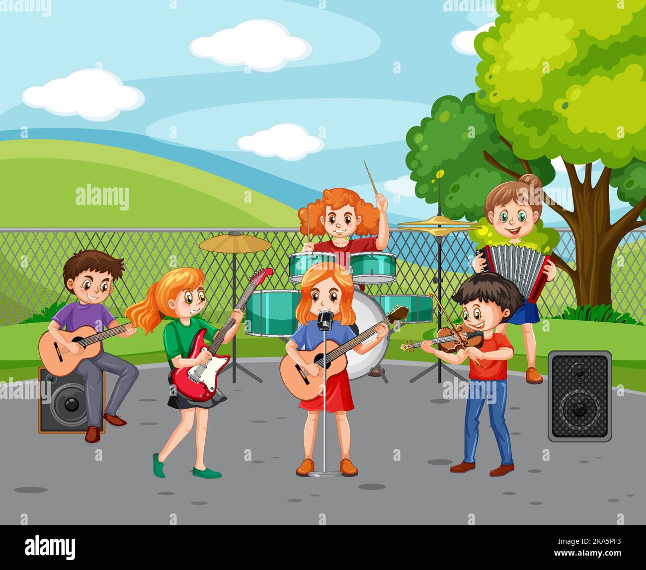 Children playing musical instrument at park illustration Stock Vector ...