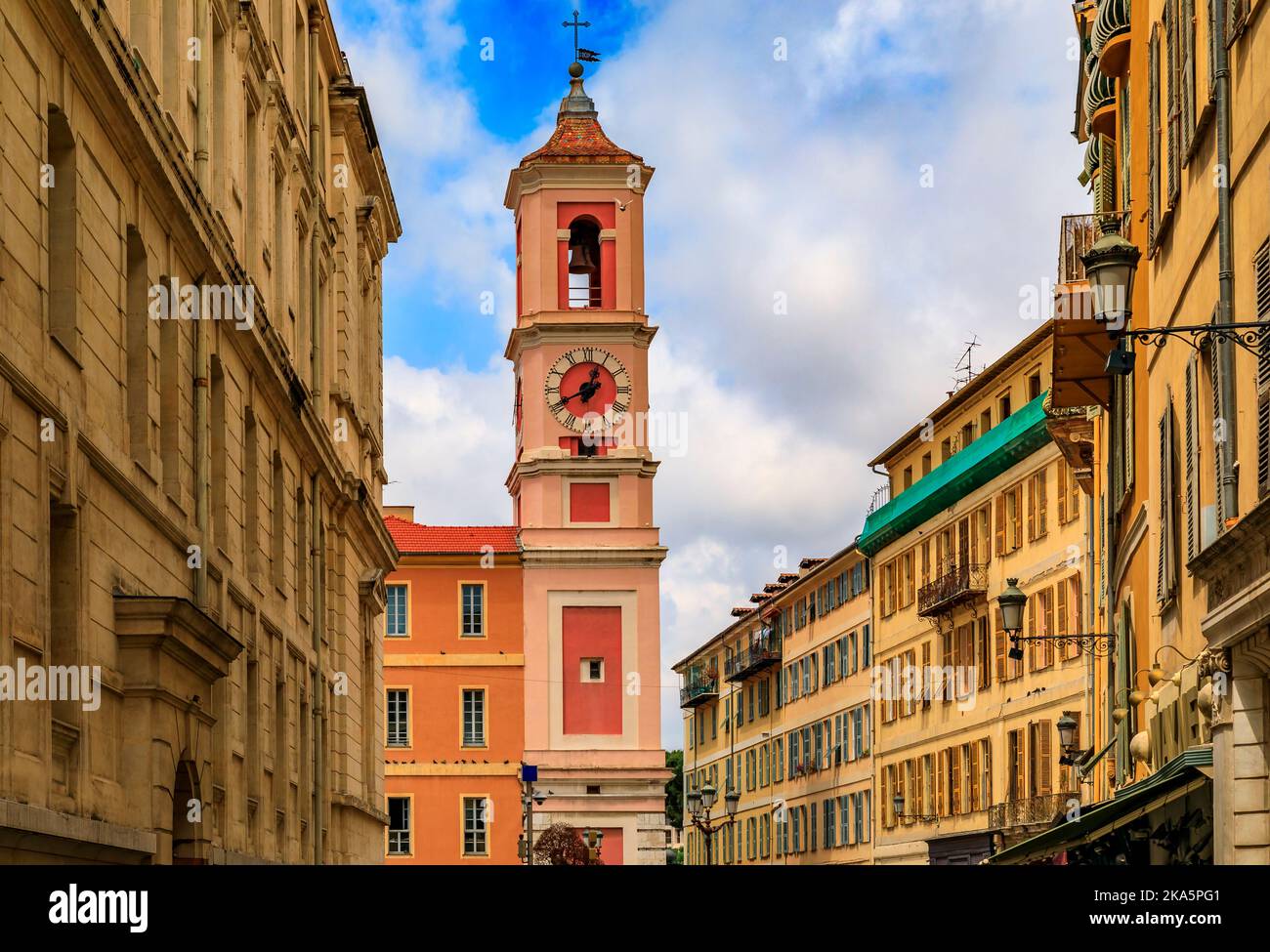The colorful Caserne Rusca clock tower and traditional buildings in the ...