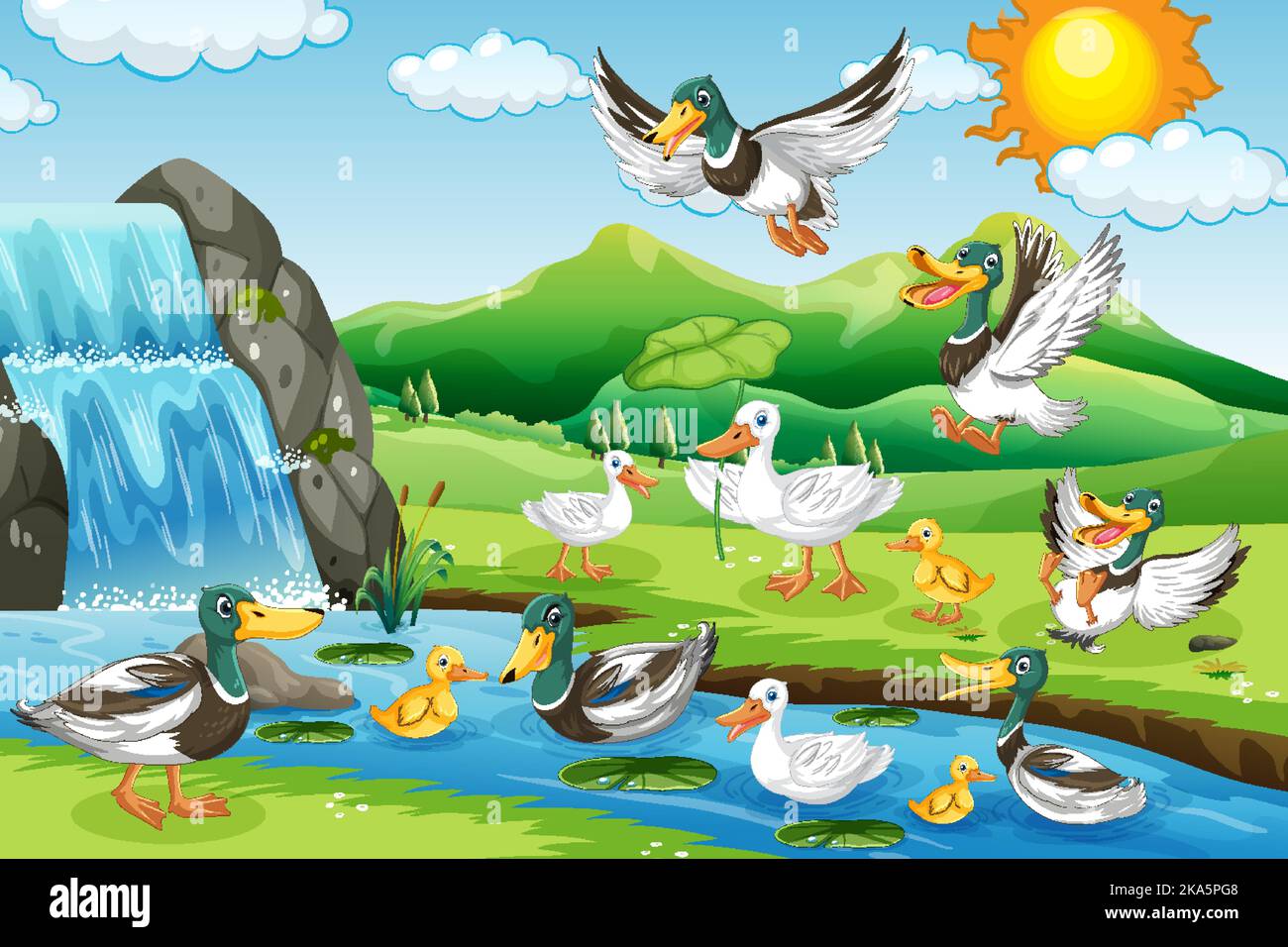 Outdoor scene with cartoon ducks illustration Stock Vector Image & Art ...