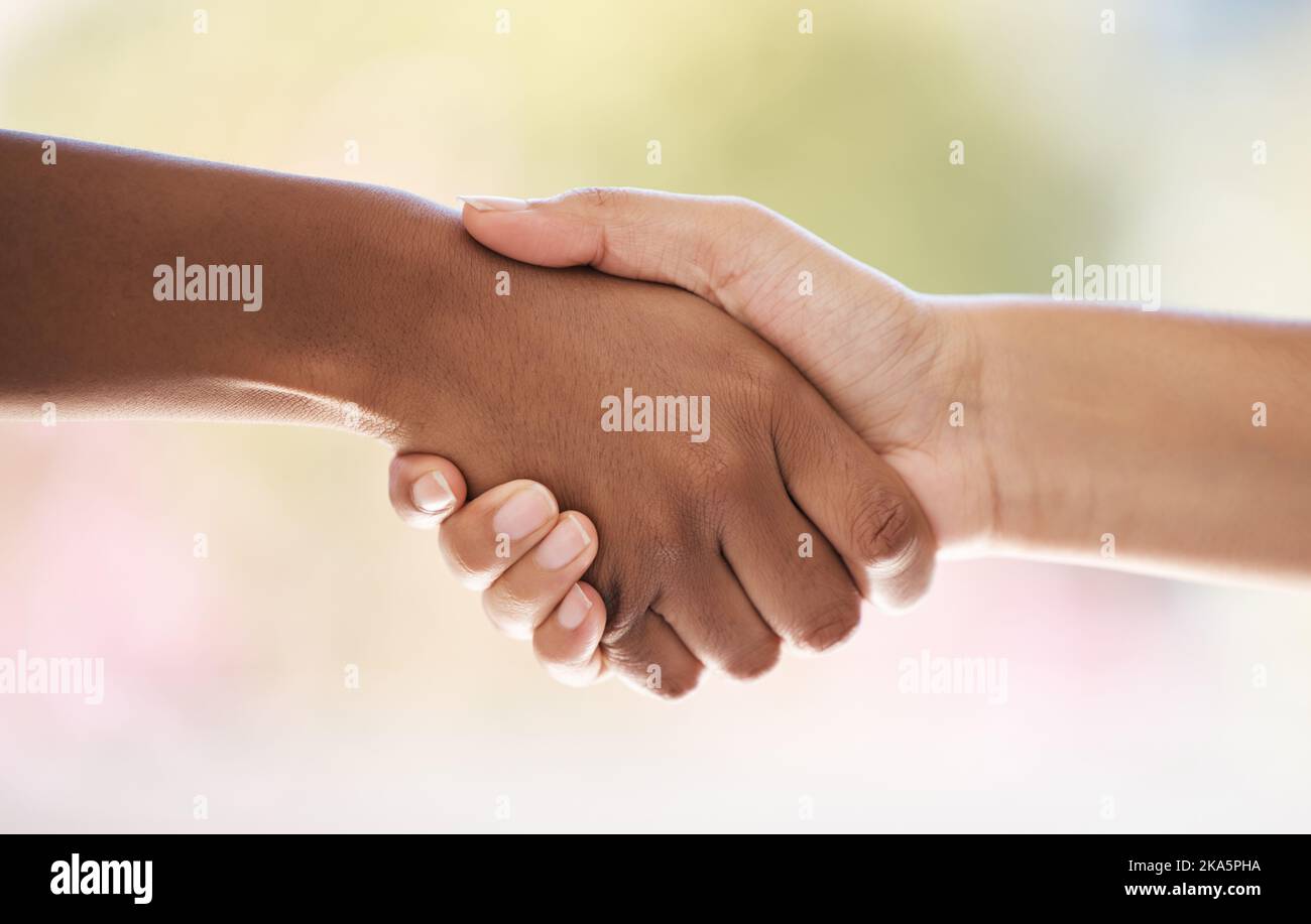 Diversity, hands closeup and welcome handshake introduction to ...