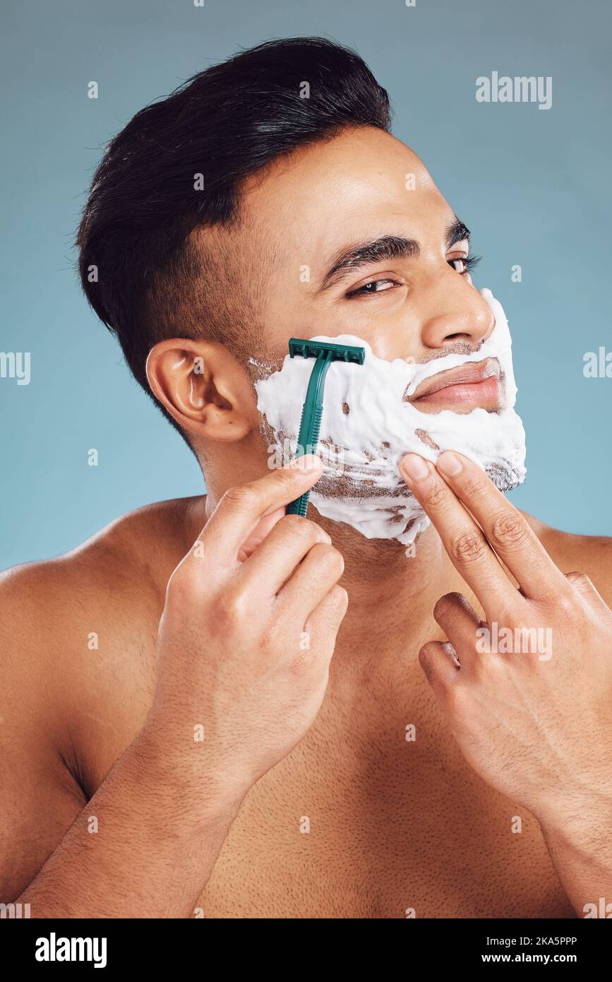 Beauty, skincare and man shaving beard for clean face for dermatology ...