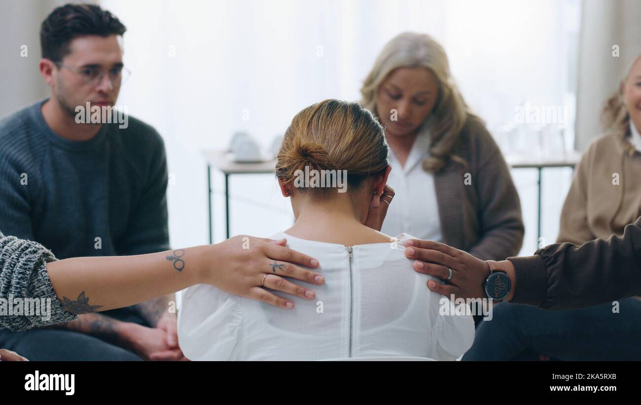 Group therapy, meeting and counseling with people in support to console ...