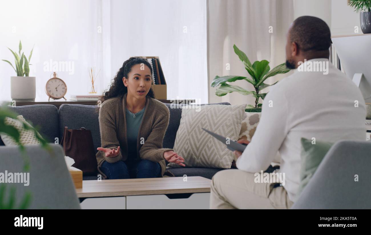 Man psychologist, communication and woman patient with mental health ...