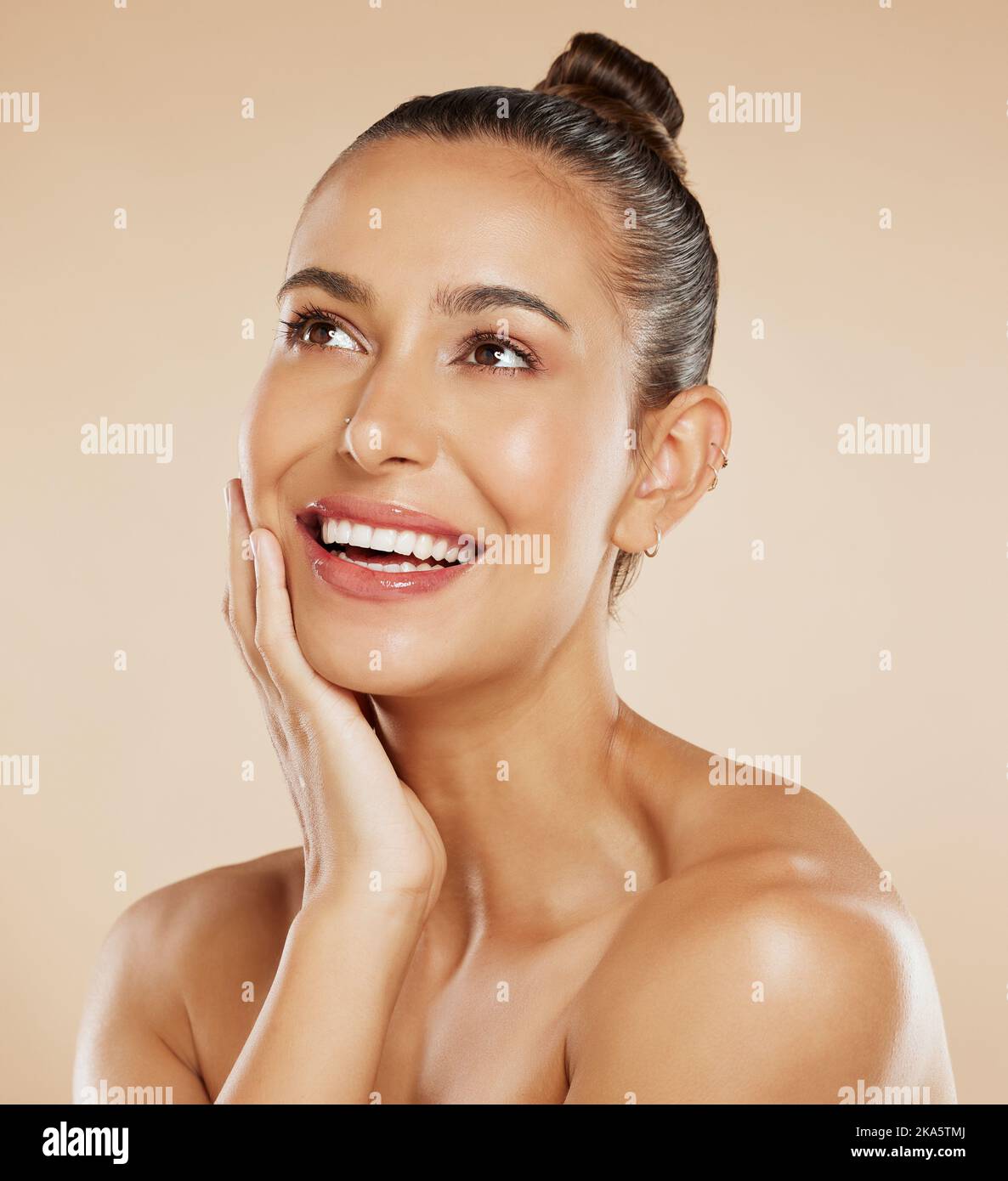 Beauty, smile and skincare woman face, wellness and healthy with ...