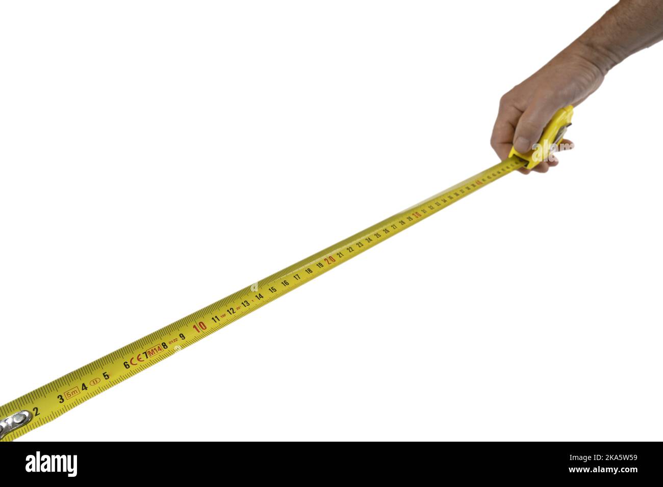 a male hand with a rollable tape measure on a transparent background ...