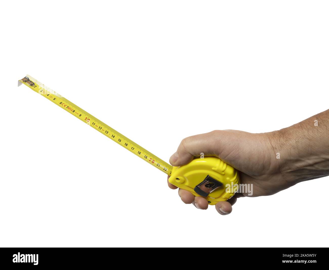 a male hand with a rollable tape measure on a transparent background ...