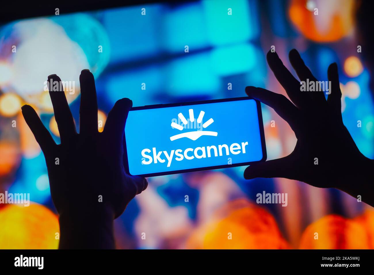 In this photo illustration, the Skyscanner logo is displayed on a ...