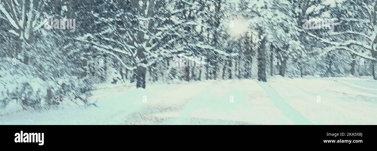 Cold nature outdoor, winter landscape painting with fir trees, forest ...