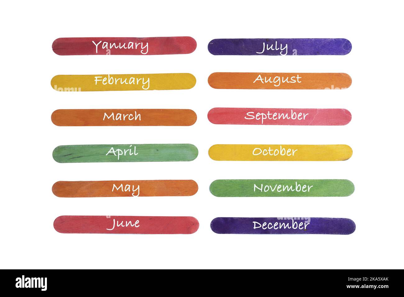 the months of the year written on colored wooden palettes on a ...
