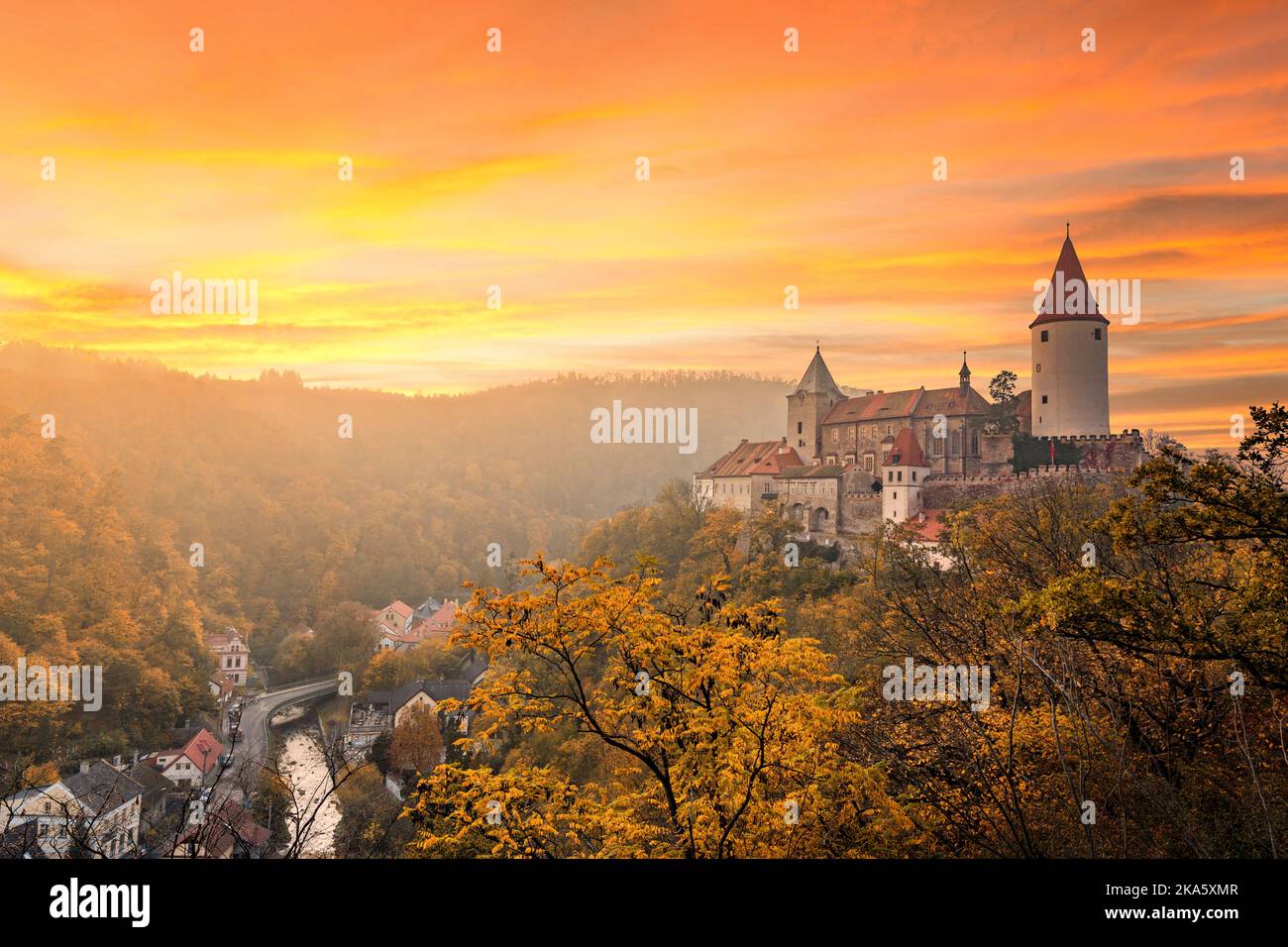 Krivoklat castle at sunset. Autumn evening. Czech Republic Stock Photo ...