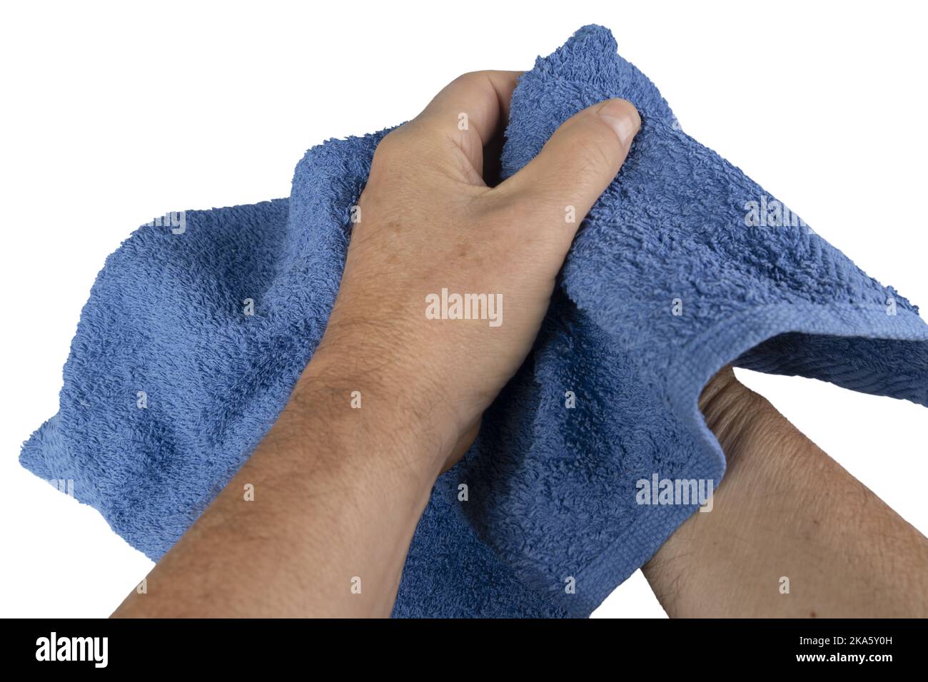 A man dries his hands with a blue towel or transparent background Stock ...