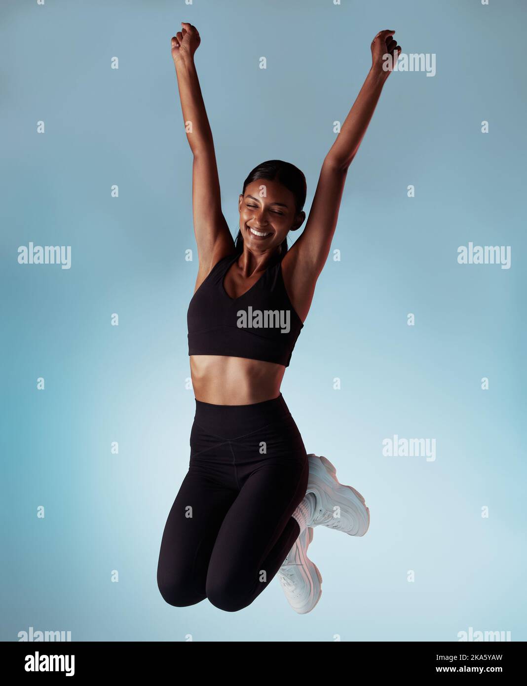 Celebration, success and woman excited about fitness, gym and health ...