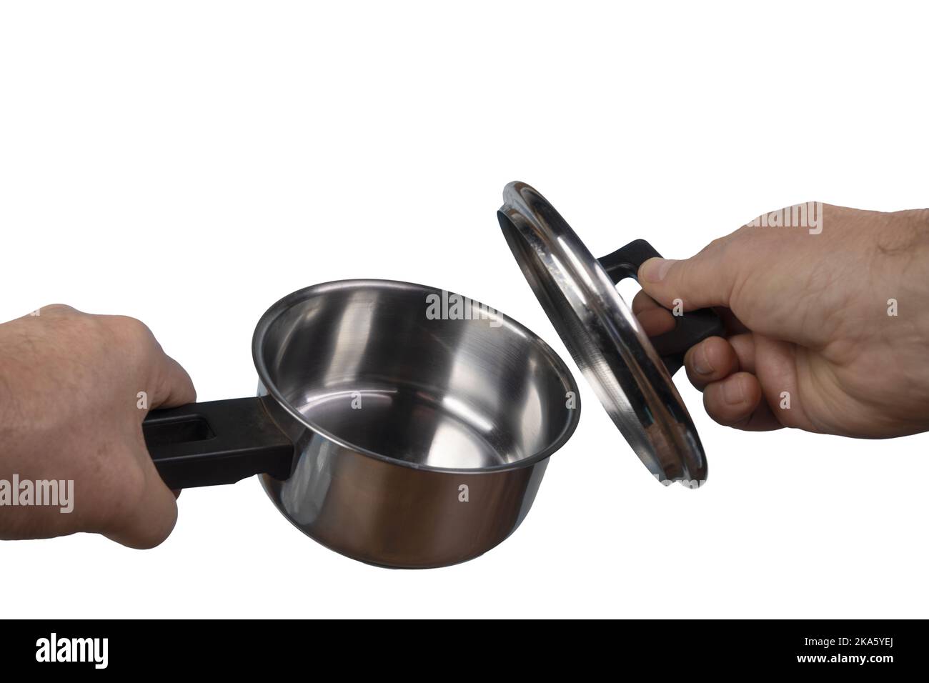 a pan and a steel lid in the hands of a man on a transparent background ...